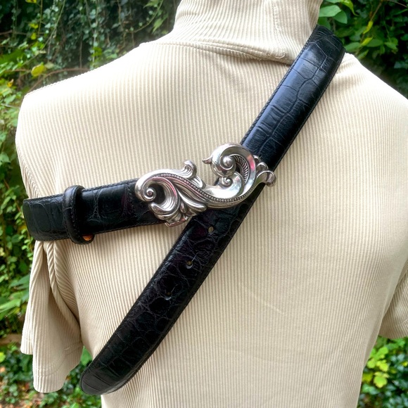Brighton | Accessories | Vintage Brighton Floral Buckle Black Reptile ...